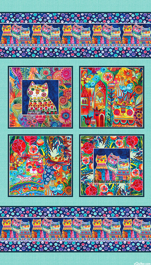 Benartex Fabrics Sunshine Cats - Colorful Cats - Seaglass Green - 24" x ...