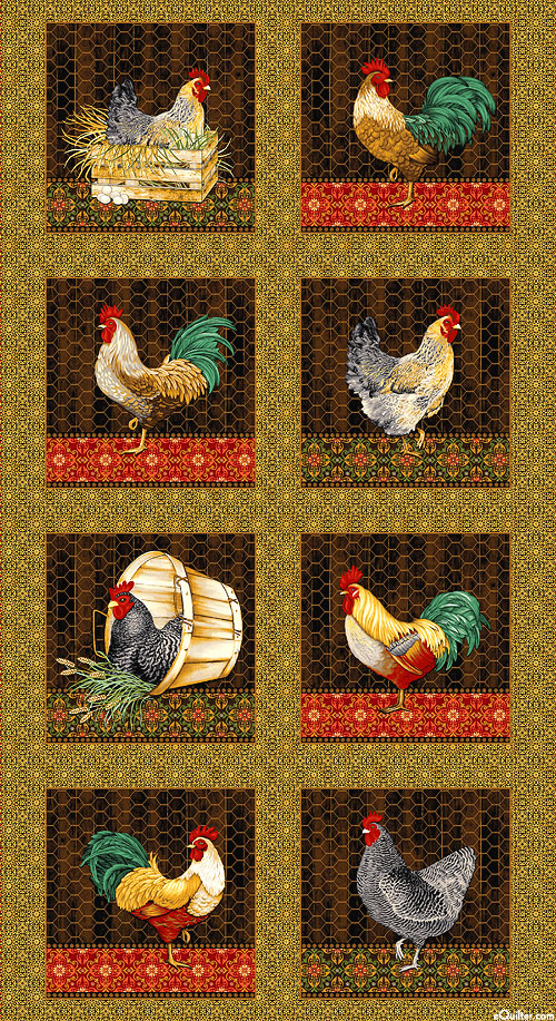 Henry Glass Chicken Shack - Rooster Blocks - Yarrow Gold - 24" x 44" PANEL