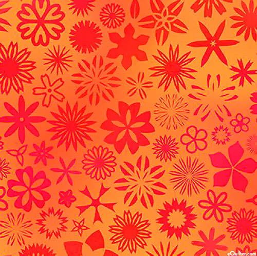 In The Beginning Fabrics Pawsitivity - Groovy Blooms - Pumpkin Orange